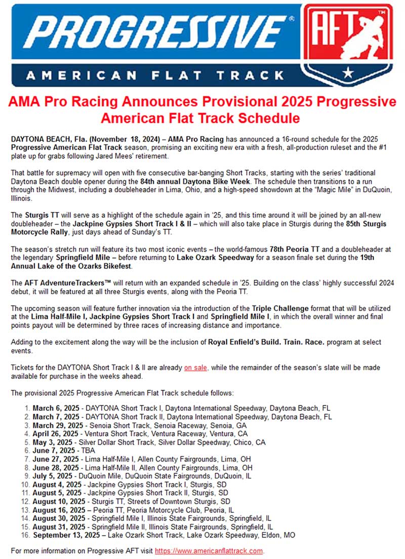 Vintage Flat Track Calendar West and National AFT events
